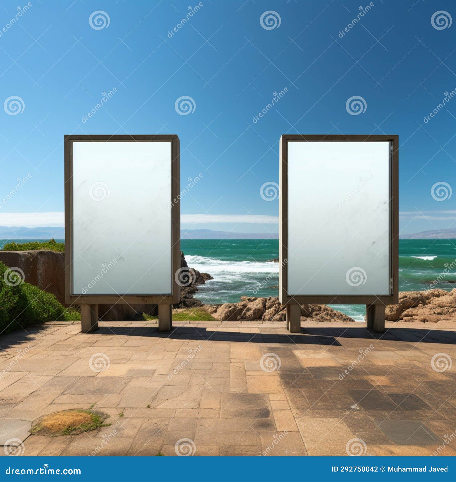 Marine Billboard Canvas Empty Frame Set on Beach with Ocean Panorama ...