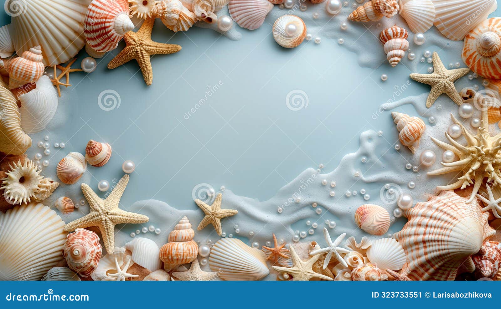 Marine Border Frame with Seashells, Starfish, Pearls on Light Blue ...