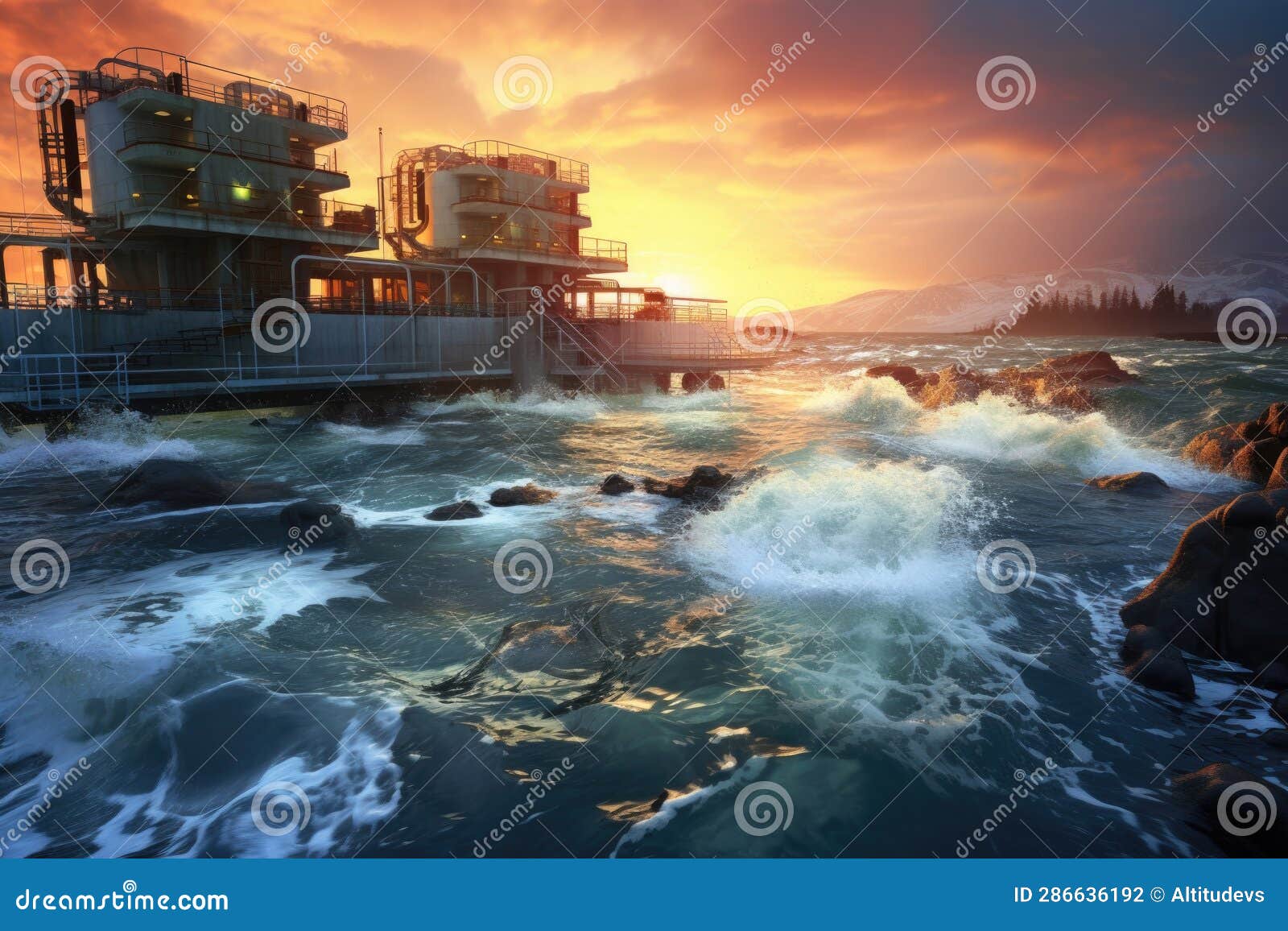 Marine Current Power Plant at Sunrise/sunset Stock Illustration ...