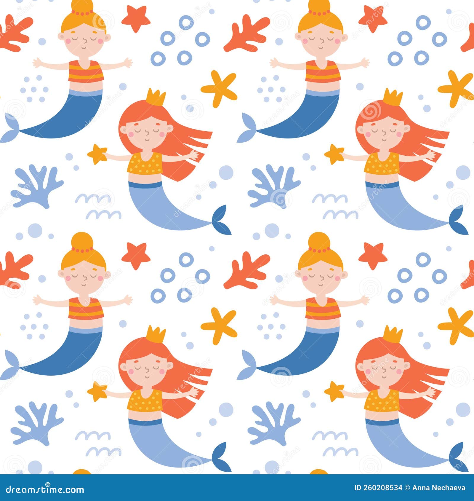Marine Cute Seamless Vector Pattern with Mermaids, Algae, Starfish ...
