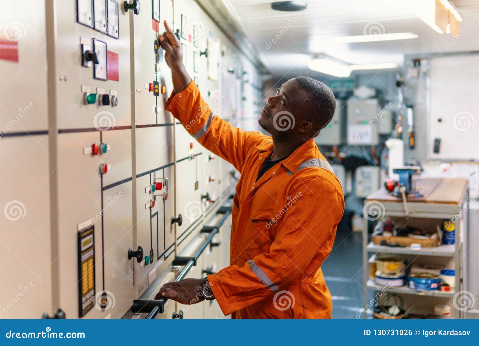 Marine Engineer Officer Working in Engine Room Stock Photo - Image of ...