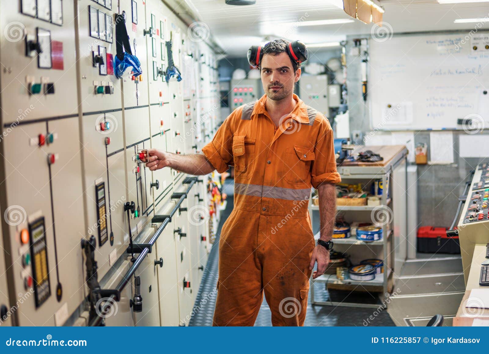Marine Engineer Officer Starts or Stops Main Engine of Ship Stock Image ...