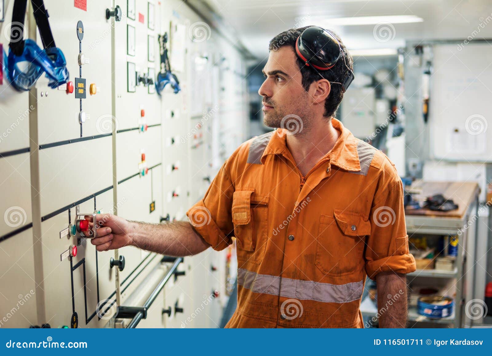 Marine Engineer Officer Starts or Stops Main Engine of Ship Stock Image ...
