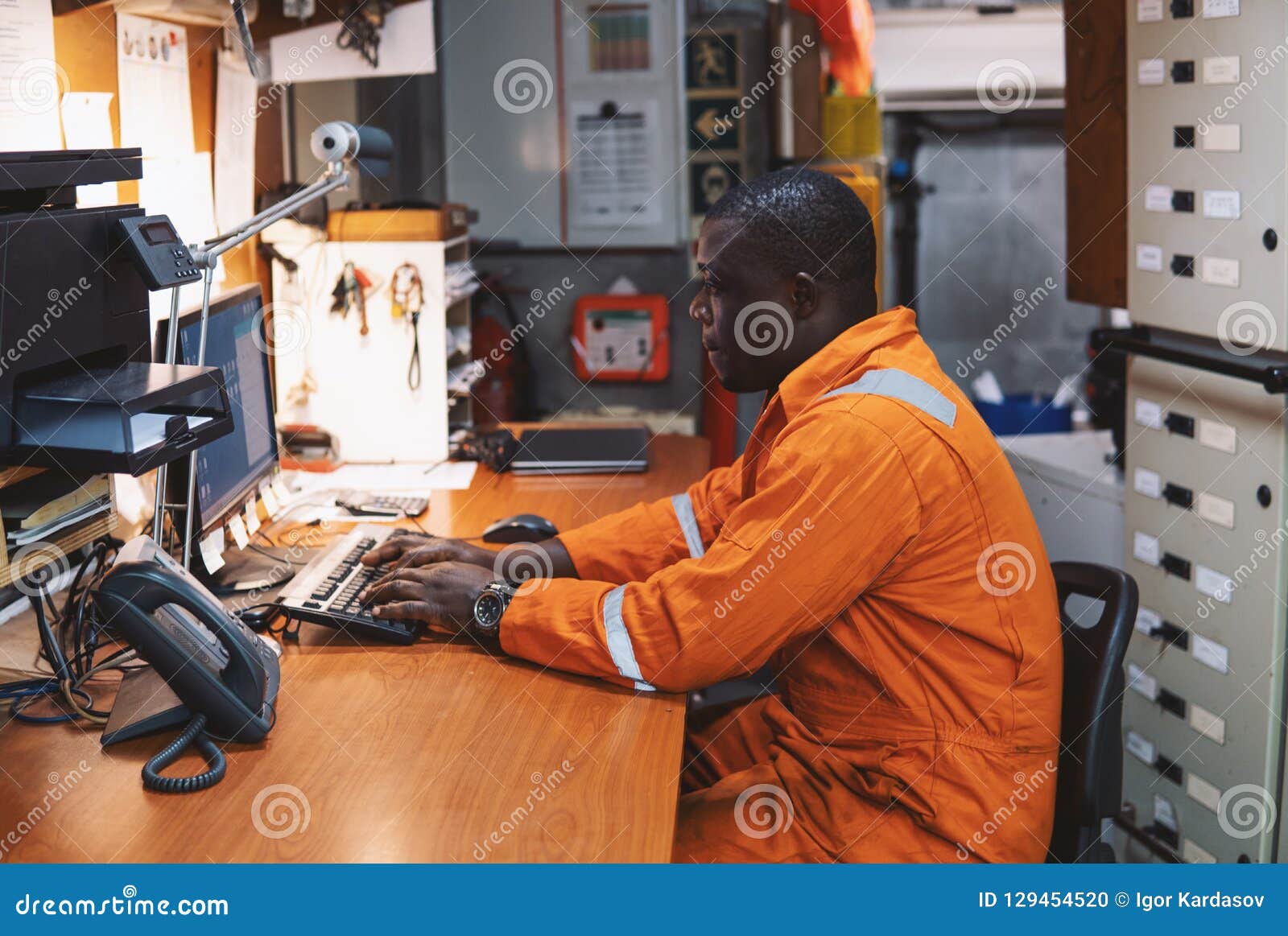 Marine Engineer Officer Working in Engine Room Stock Photo - Image of ...