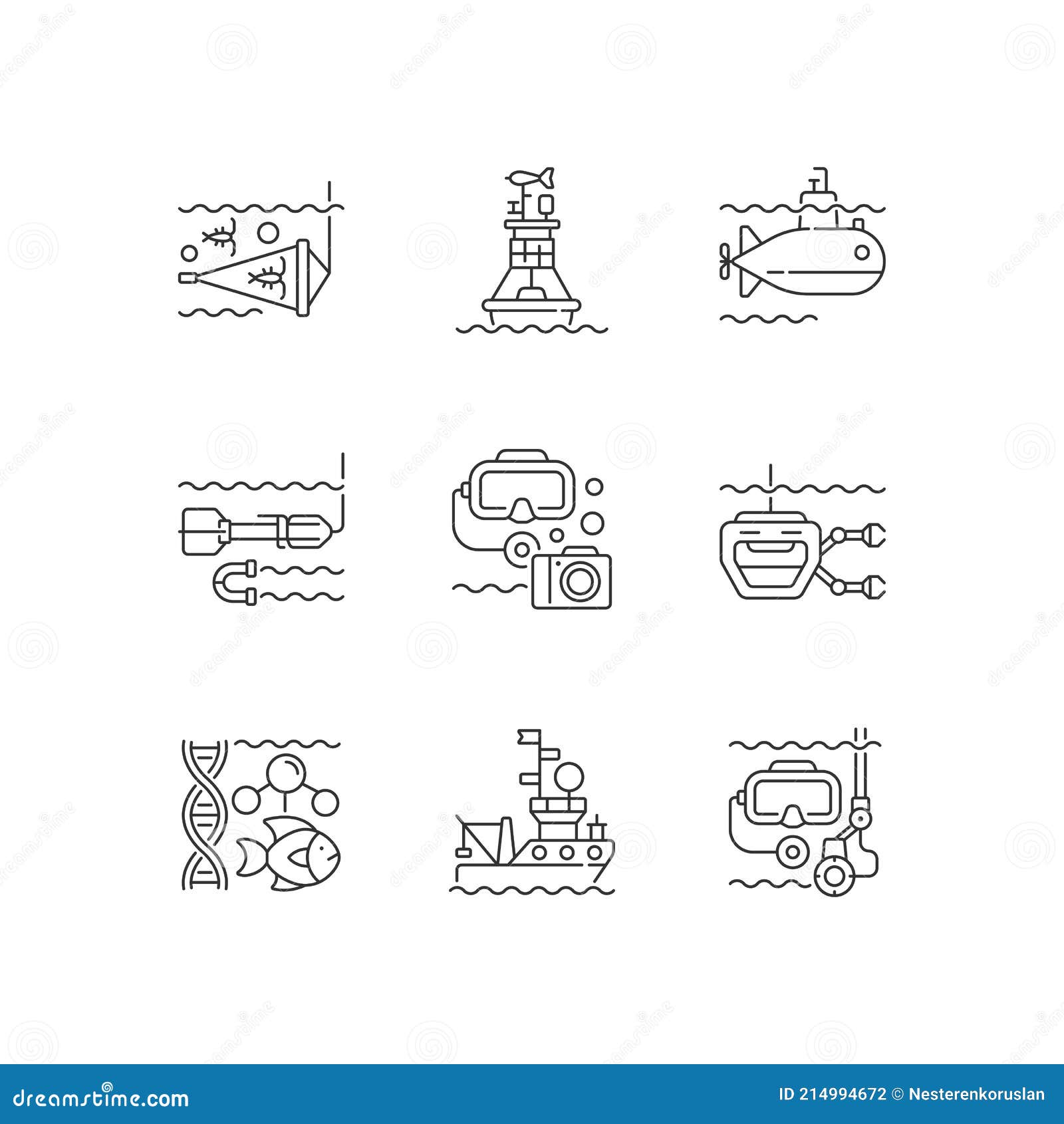 Marine Exploration Linear Icons Set Stock Vector - Illustration of ...
