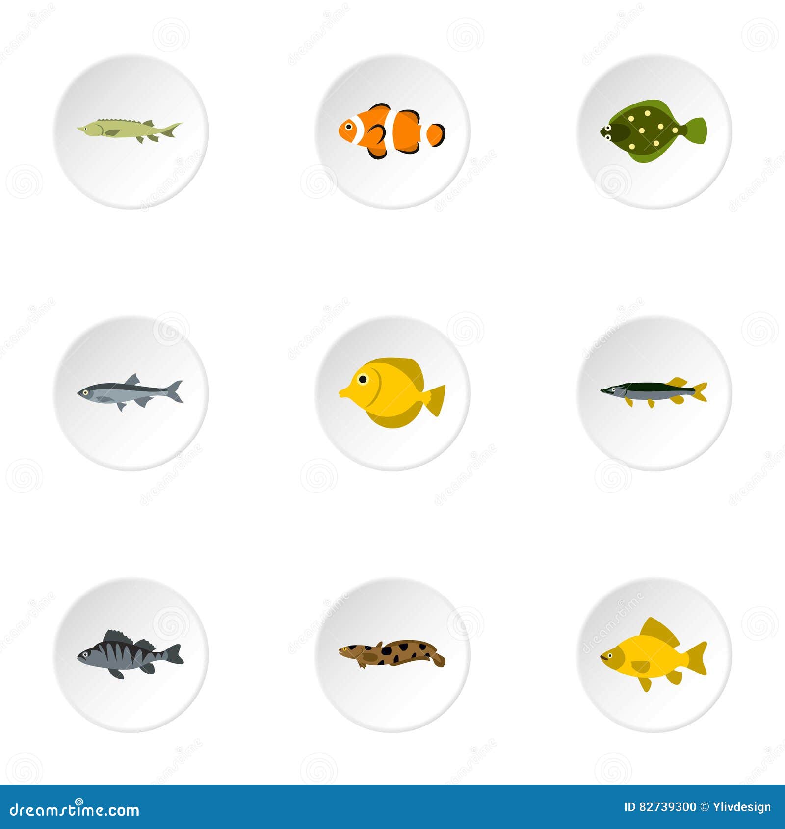 Marine Fish Icons Set, Flat Style Stock Vector - Illustration of fish ...