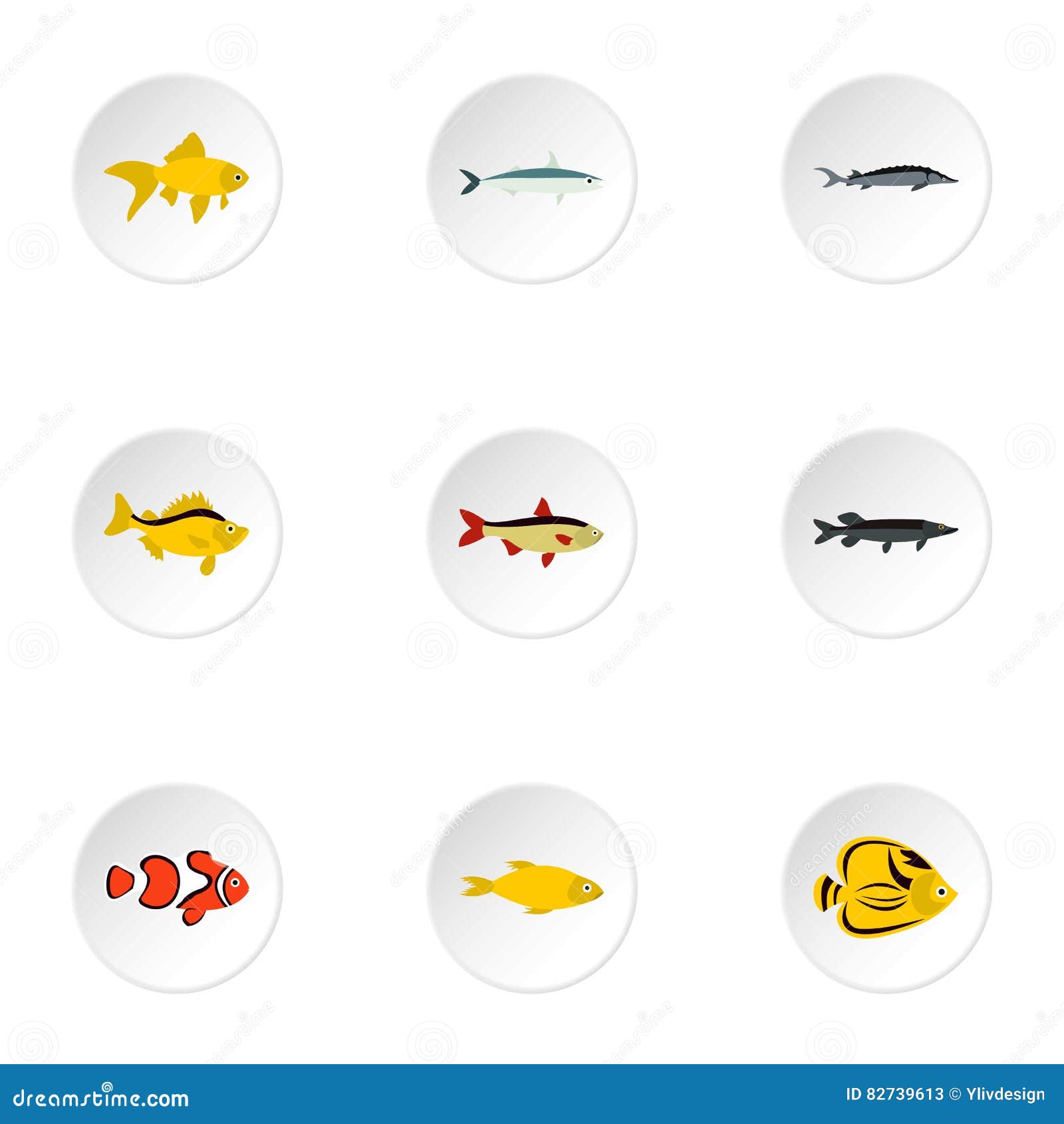 Marine Fish Icons Set, Flat Style Stock Vector - Illustration of deep ...