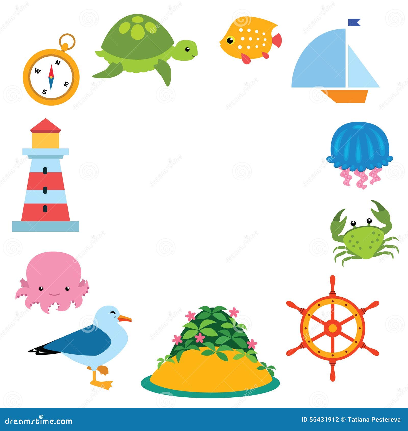 Marine Frame With Hand Drawn Ocean Elements, Copy Space. Square Border ...