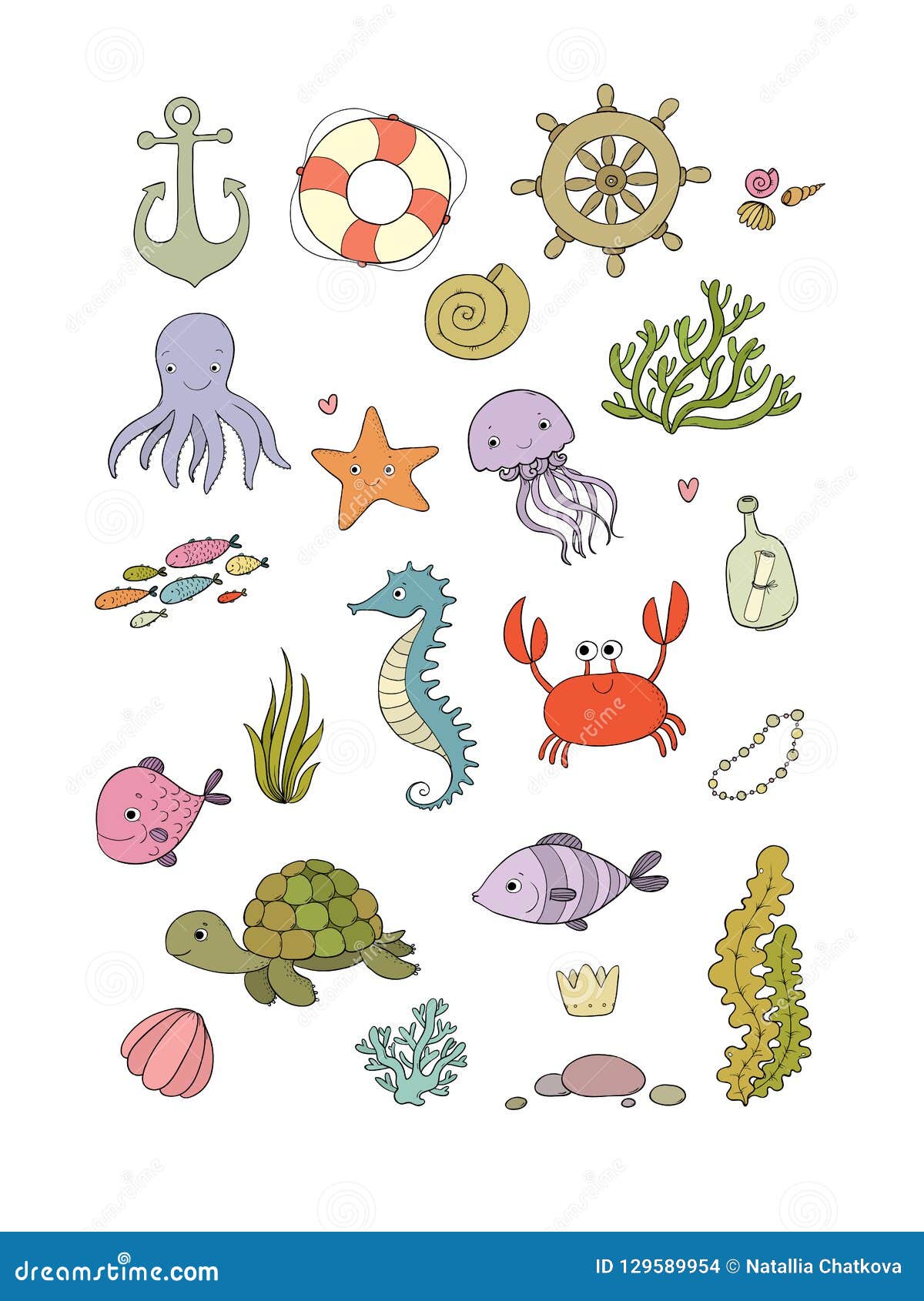 Marine Illustrations Set. Vector. Sea Theme. Isolated Objects on White ...