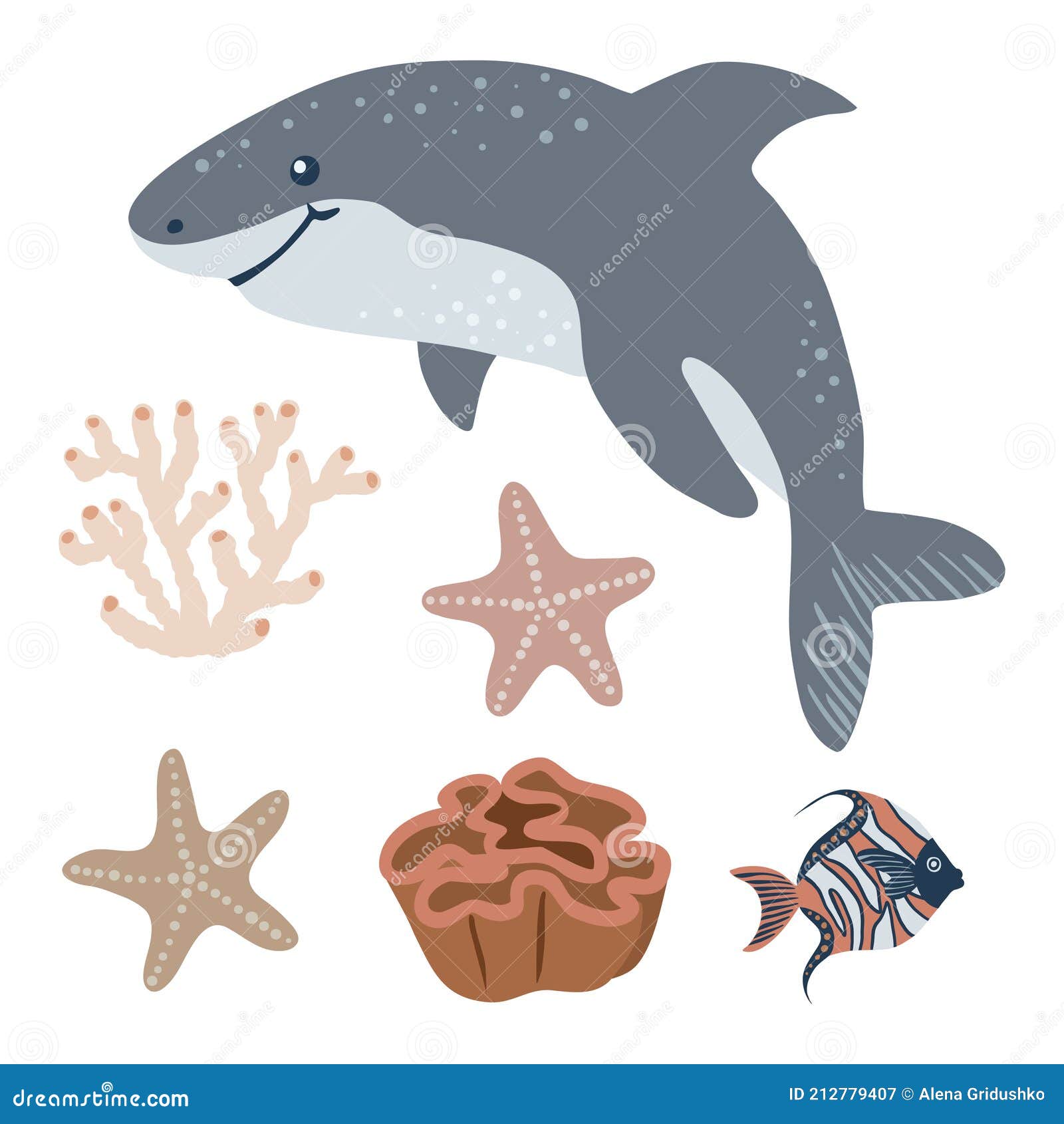 Marine Illustrations Set. Swimming Shark and Isolated Objects on White ...