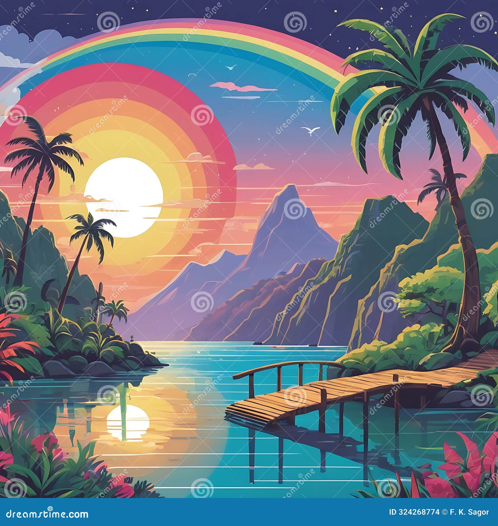 Summer Cartoon Beach Sunset Design Stock Illustration - Illustration of ...
