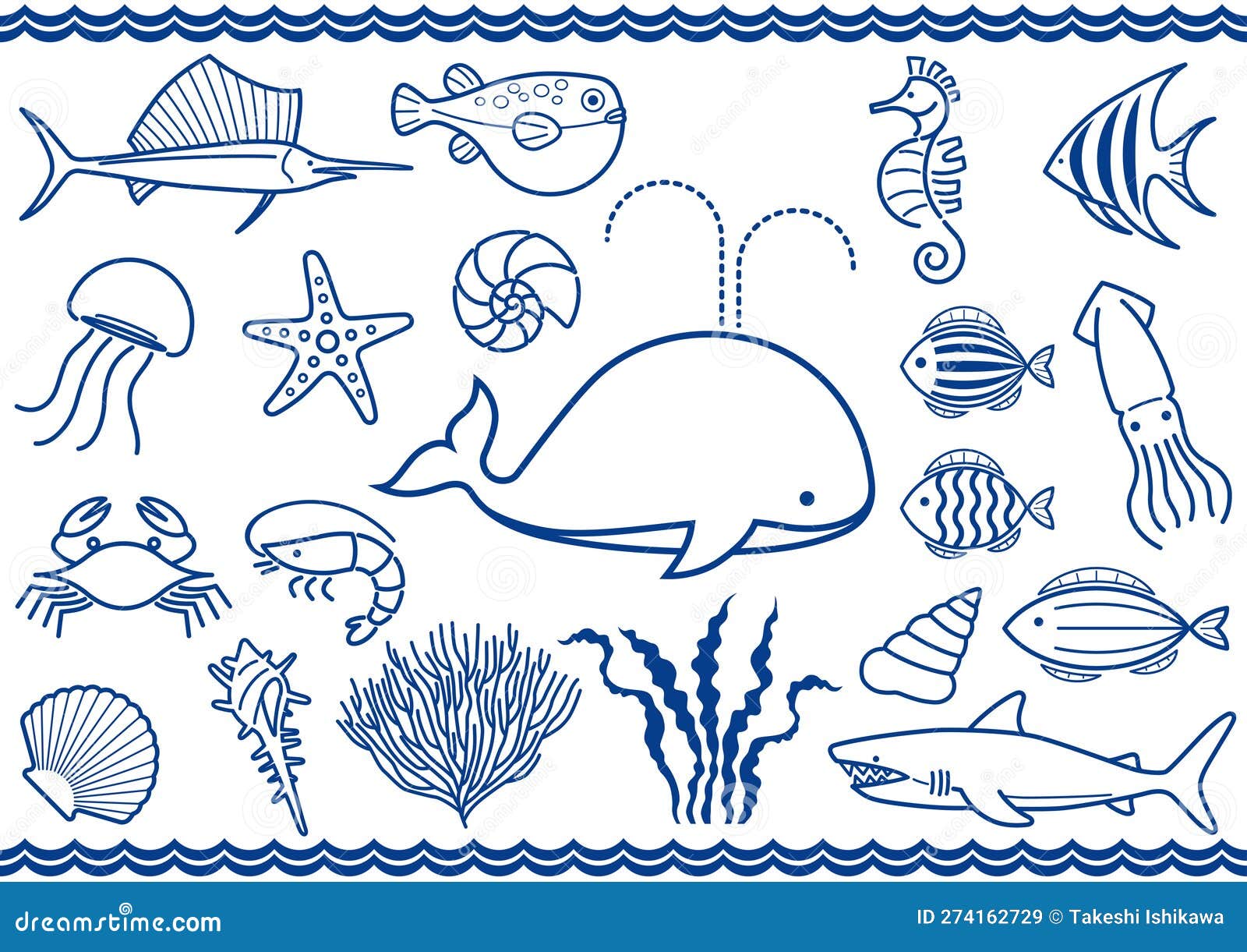 Vector Marine Life Icon Set Isolated on a White Background. Stock ...