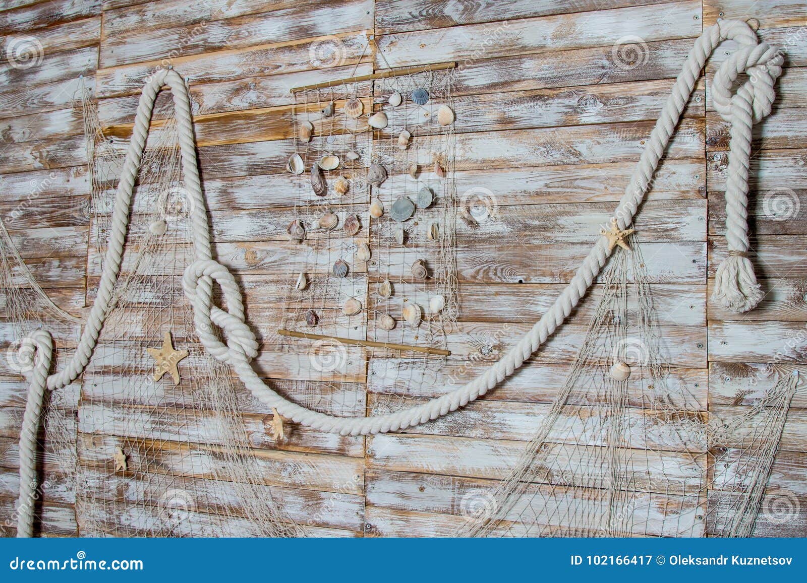 Marine Net Rope with Seashells on the Wall Stock Image - Image of fish ...