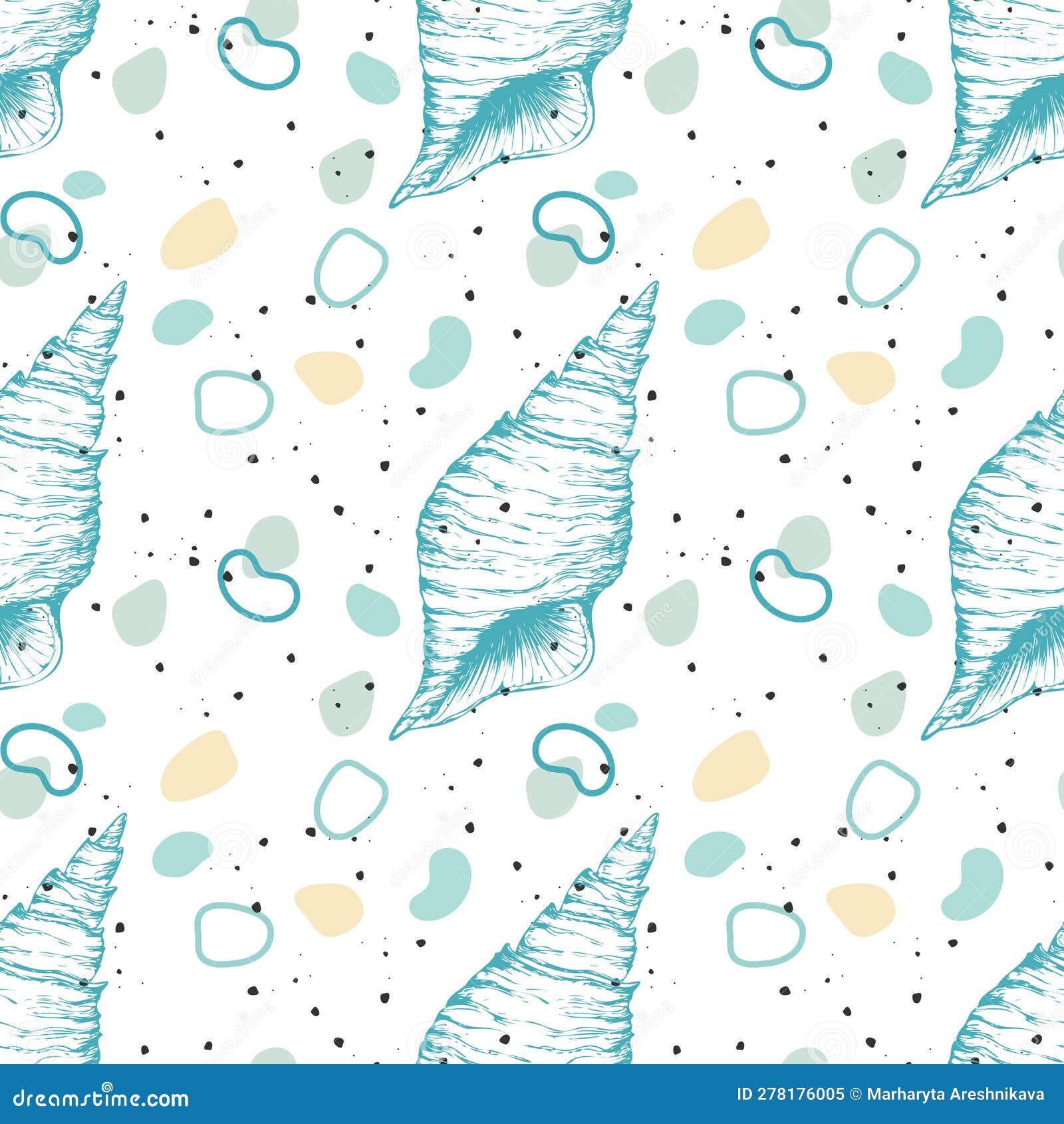 Marine Oceanic Pattern with Blue Seashell Hand Drawn. Stock Vector ...
