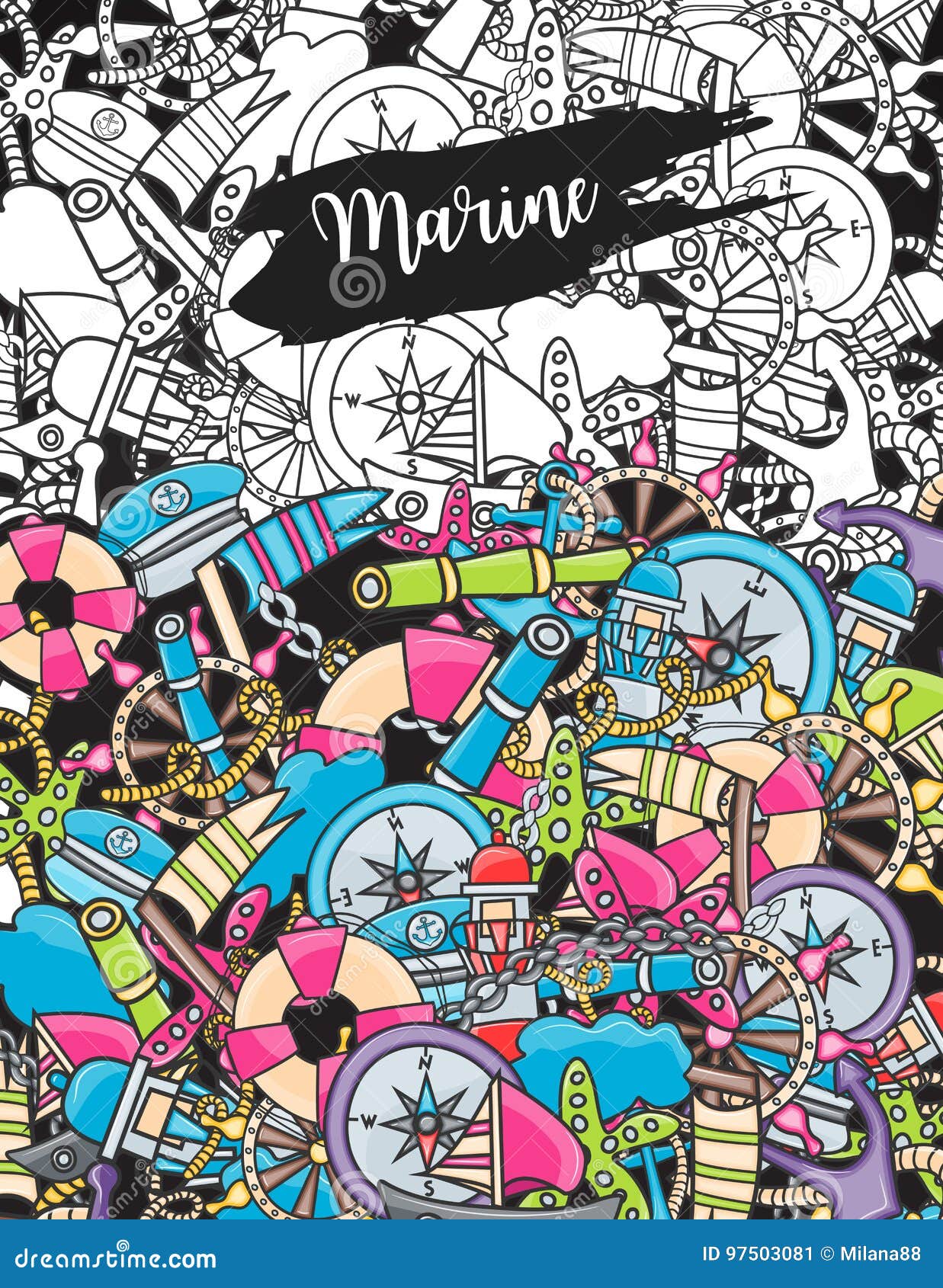 Marine Outline Doodle Elements, Hand Drawn Lineart Style Stock Vector ...