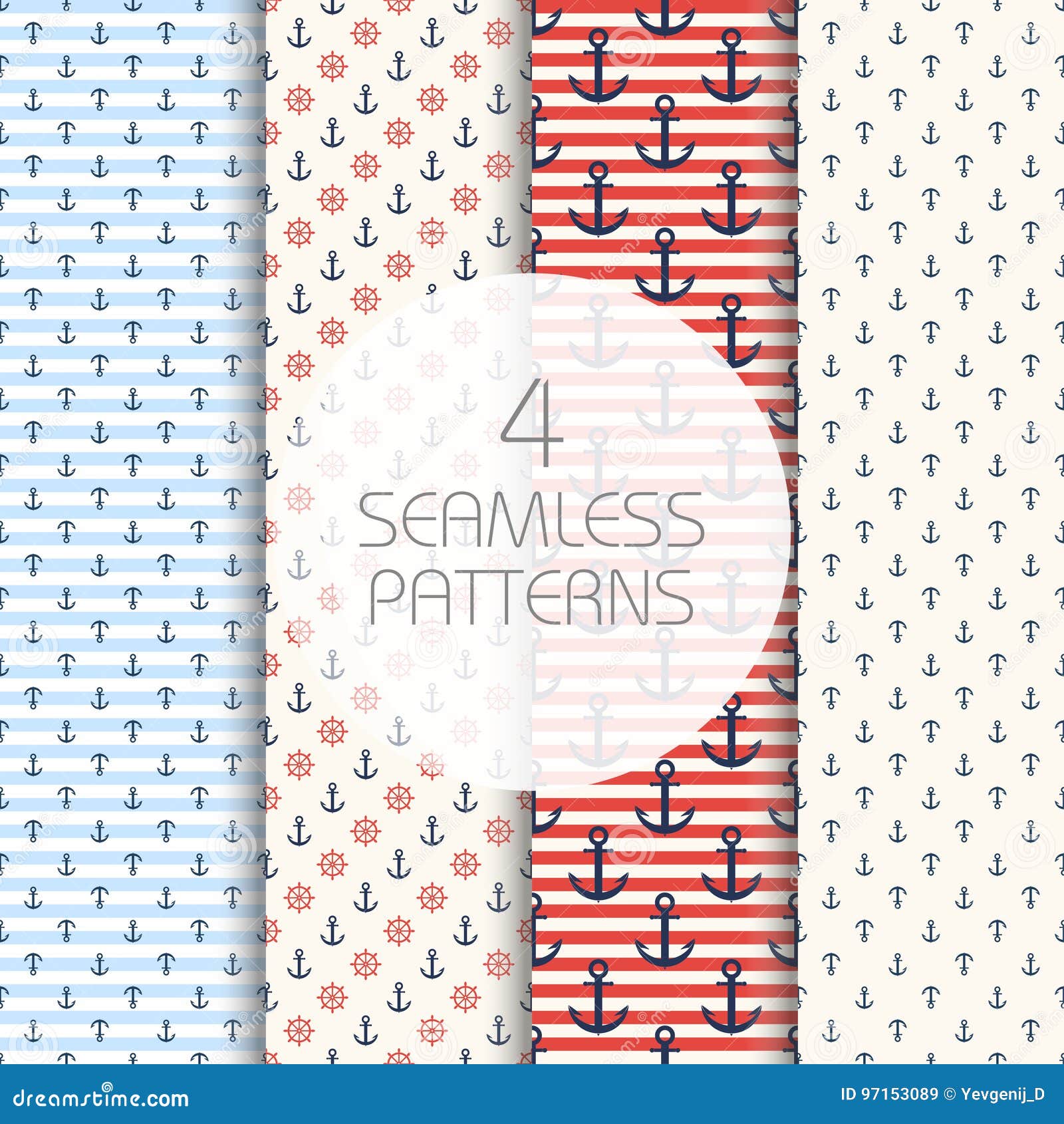 Marine Pattern Set. Four Navy Seamless Patterns. Ship Helm, Anchor ...