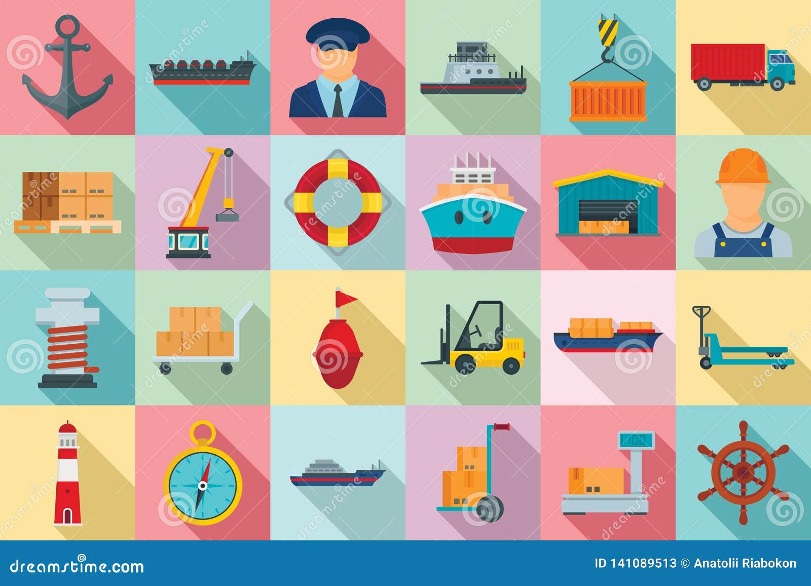 Marine Port Icons Set, Flat Style Stock Vector - Illustration of ...