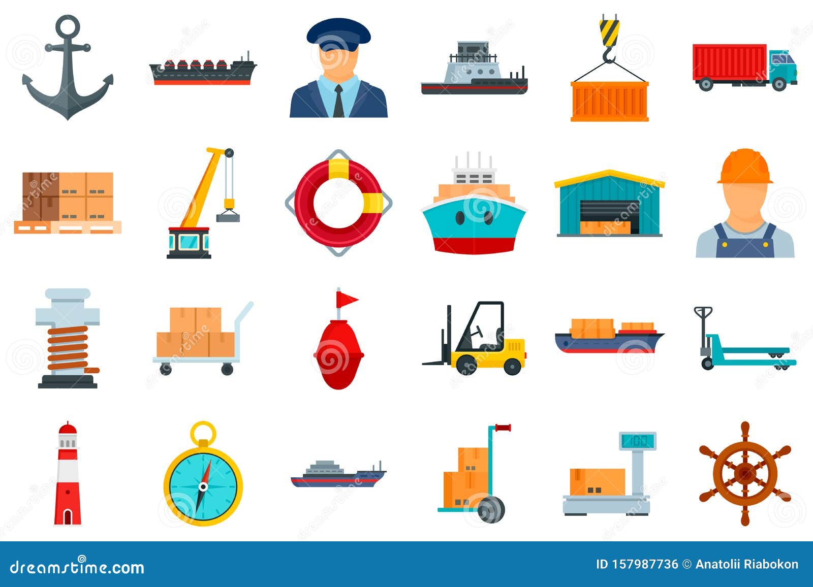 Marine Port Icons Set, Flat Style Stock Vector - Illustration of flat ...