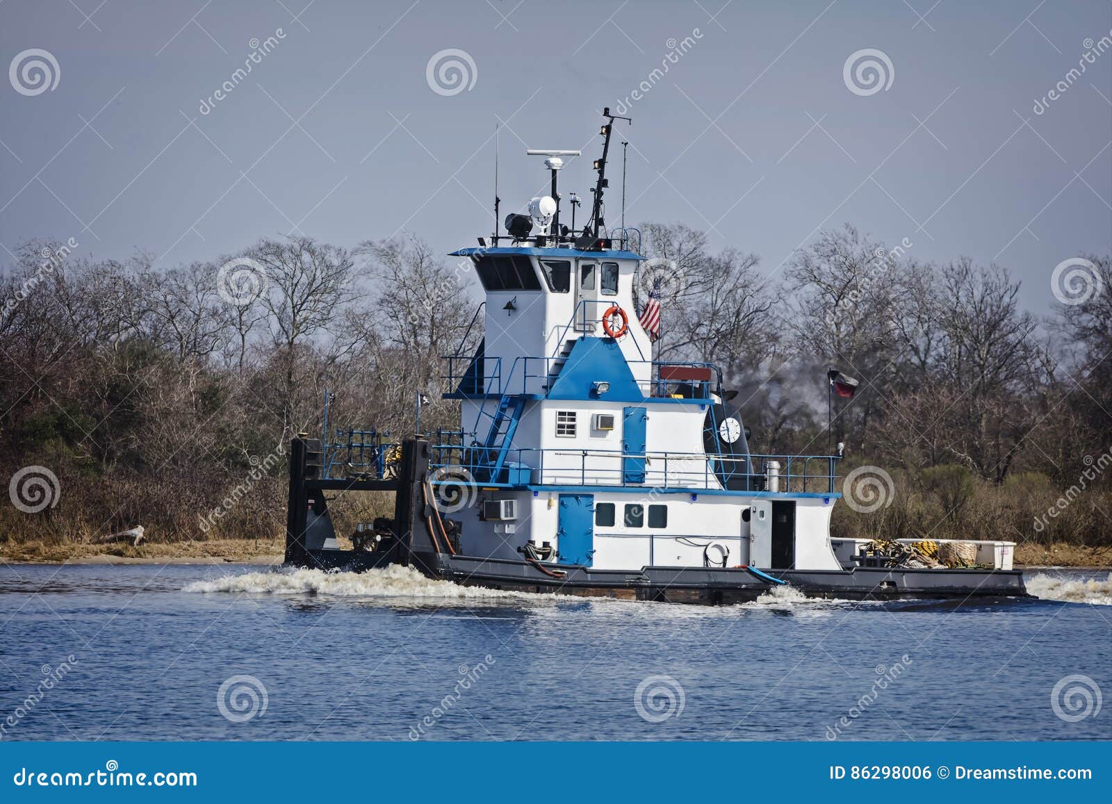 Marine Push Boat or Tug Boat in River with Barge Stock Photo - Image of ...