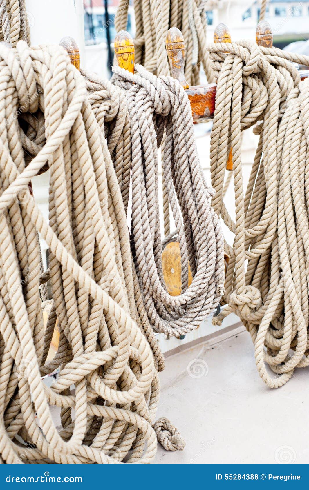 Marine Ropes Pile For Towing Ship On Wooden Closeup In The Port ...