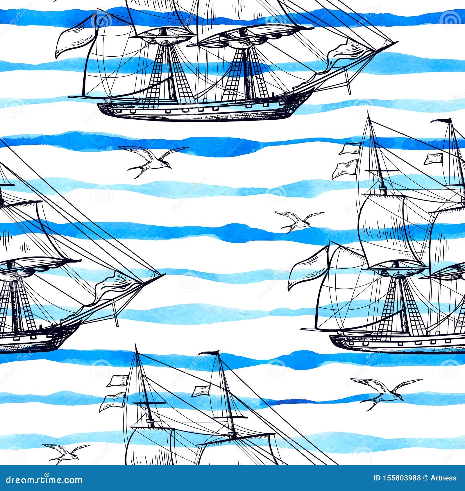Marine Seamless Pattern with Sailing Ship Stock Vector - Illustration ...