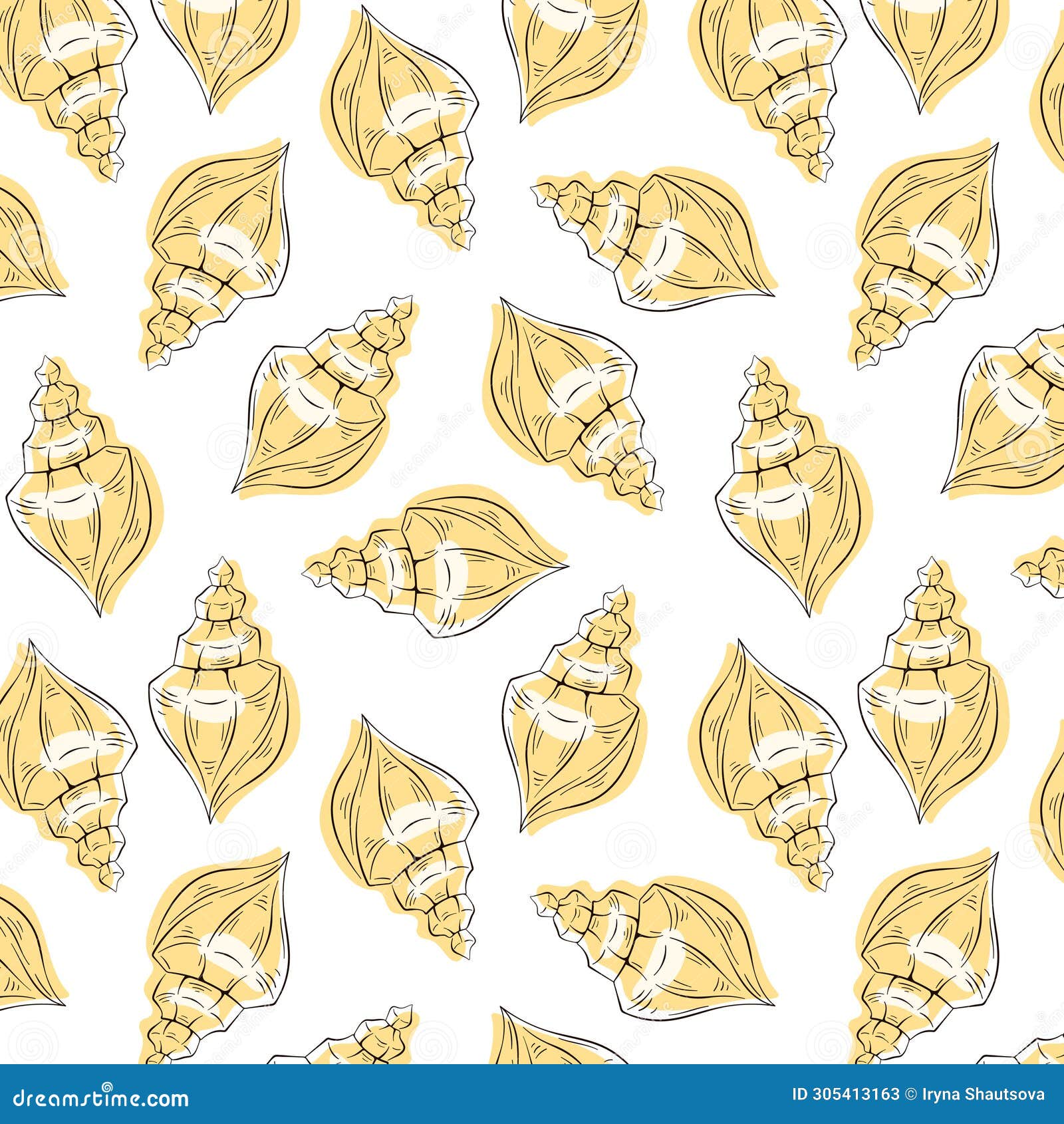 Marine Seamless Pattern of Seashells in Line Art Style. Vector Undersea ...