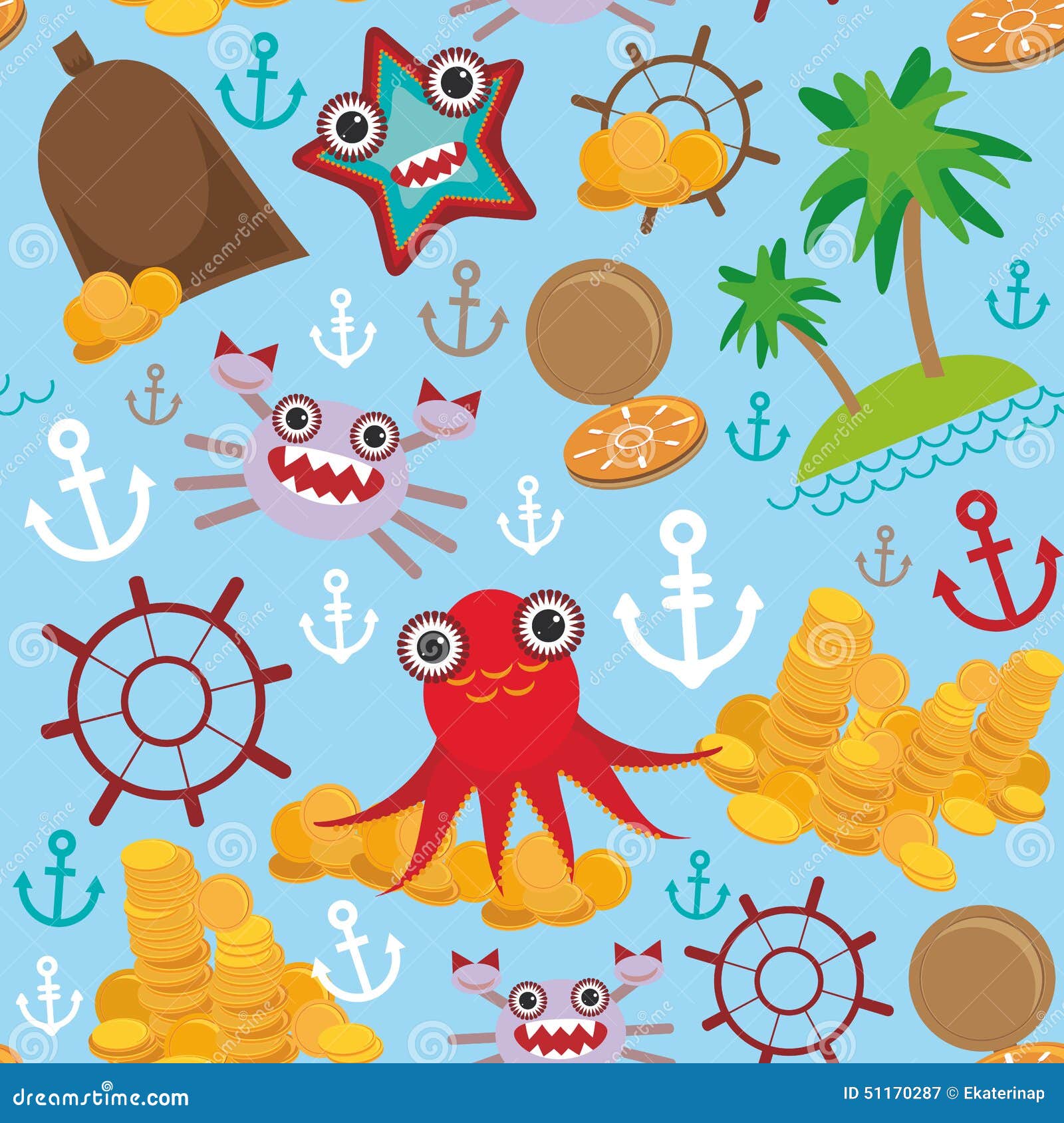 Marine Seamless Pirate Pattern on Light Blue Background. Vector Stock ...