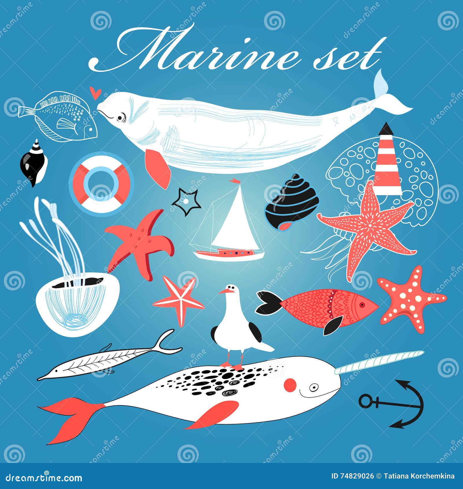 Marine Set of Different Elements Stock Vector - Illustration of fish ...