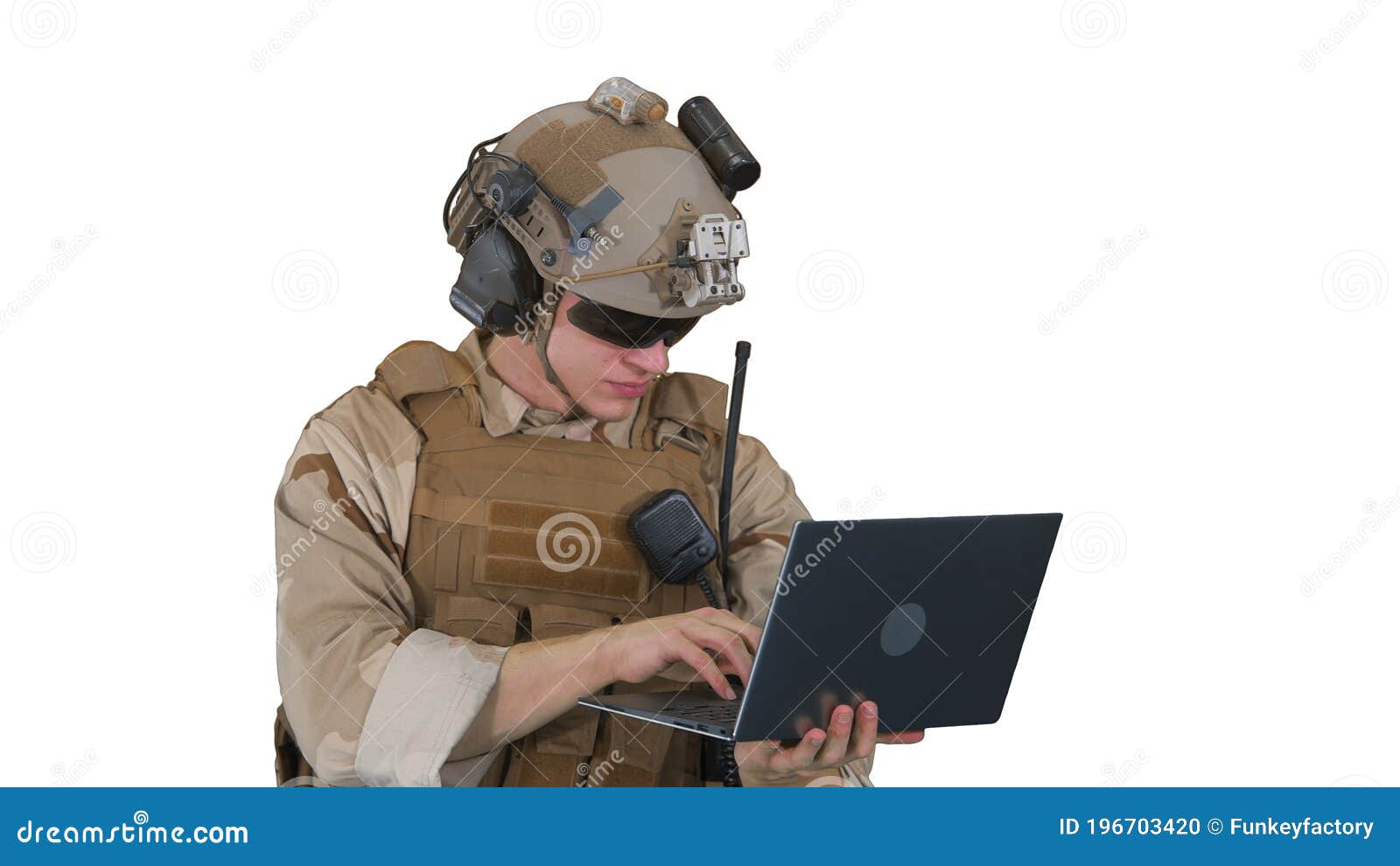 Marine Standing and Using Laptop on White Background. Stock Photo ...