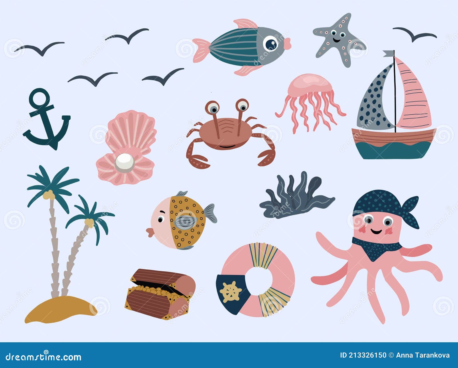 Marine Stickers. Crab Boat and Shell with Pearls Stock Vector ...
