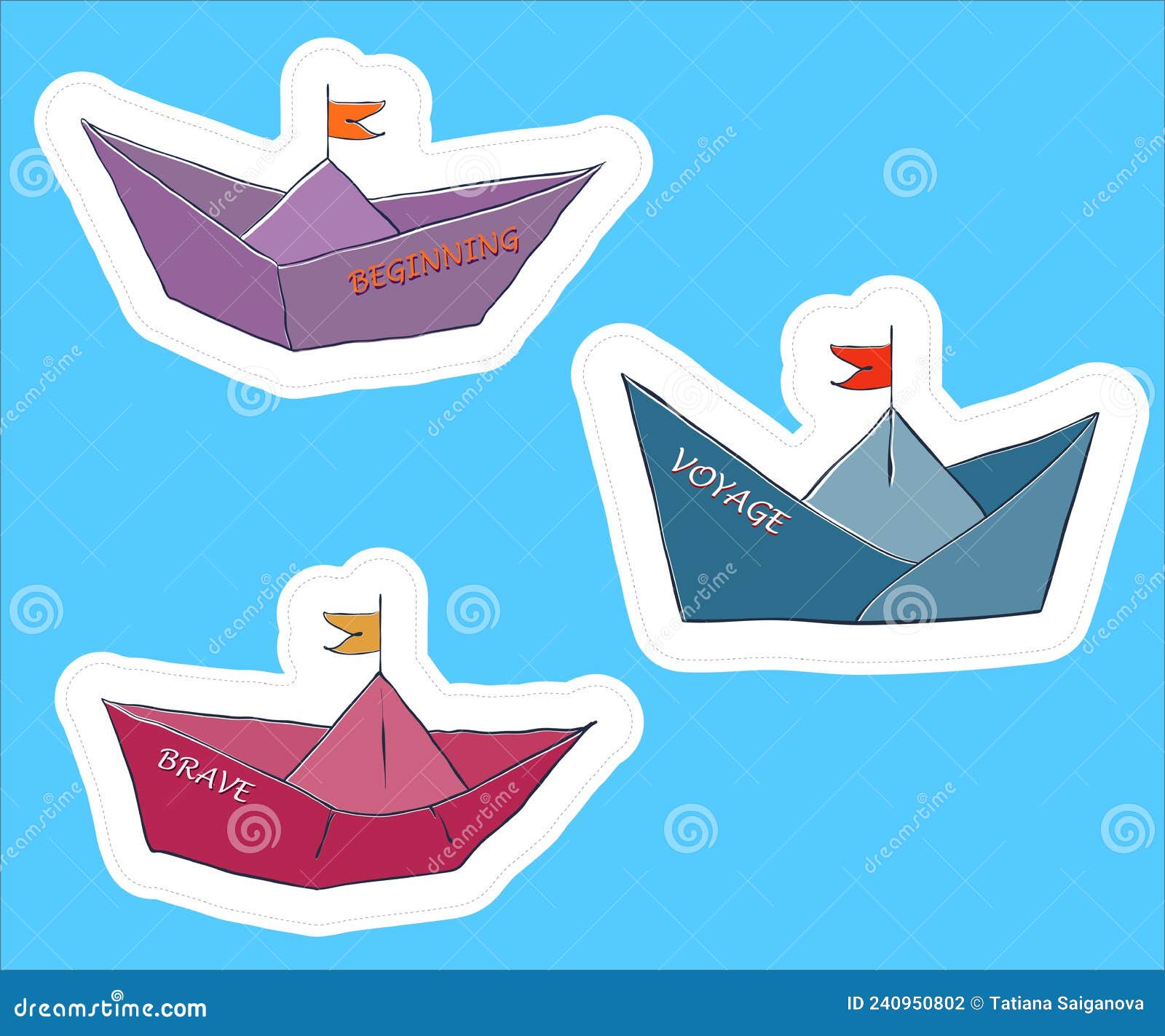Marine Theme. Three Paper Boat Stickers Stock Vector - Illustration of ...