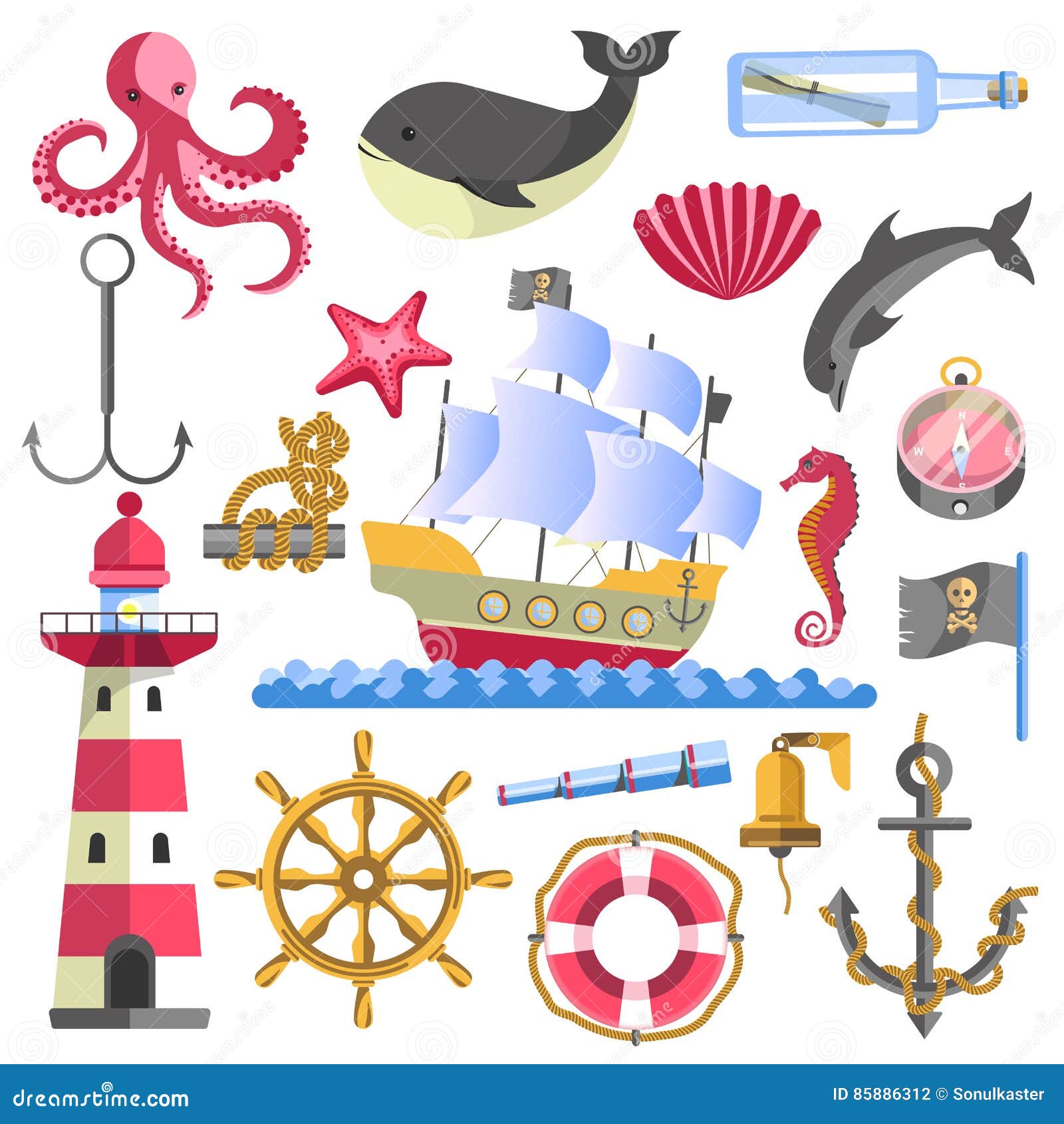 Marine Theme Traditional Sea Elements Op Wit Vector Illustratie ...
