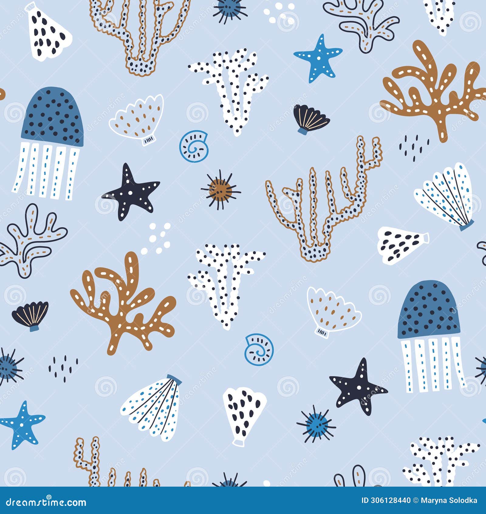Marine Undersea Pattern with Jellyfish, Seashells, Seaweeds, Starfish ...