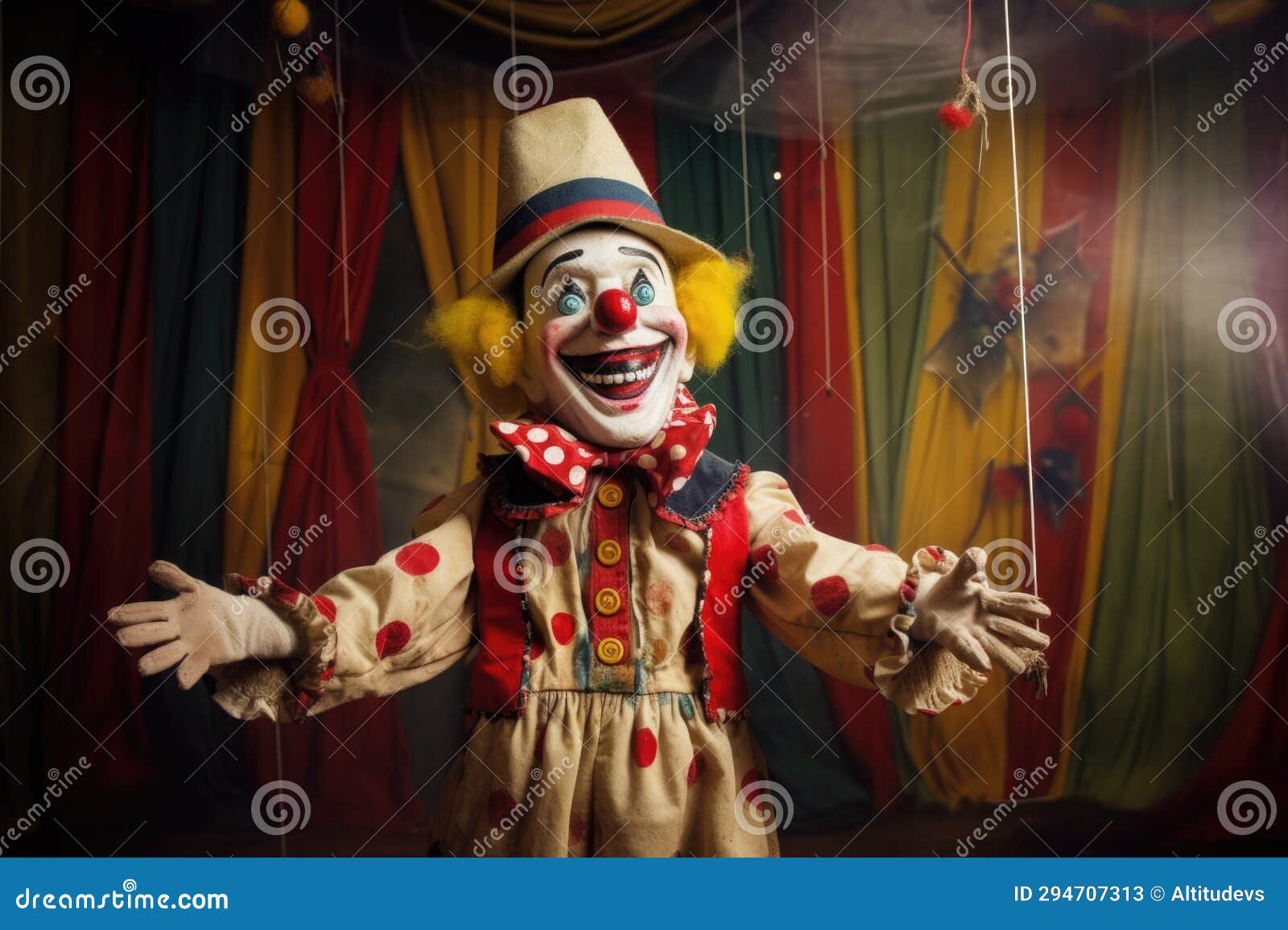 A Marionette Puppet Resembling a Clown Against a Circus Backdrop Stock ...