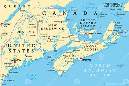 The Maritimes, the Maritime Provinces of Eastern Canada, Political Map ...