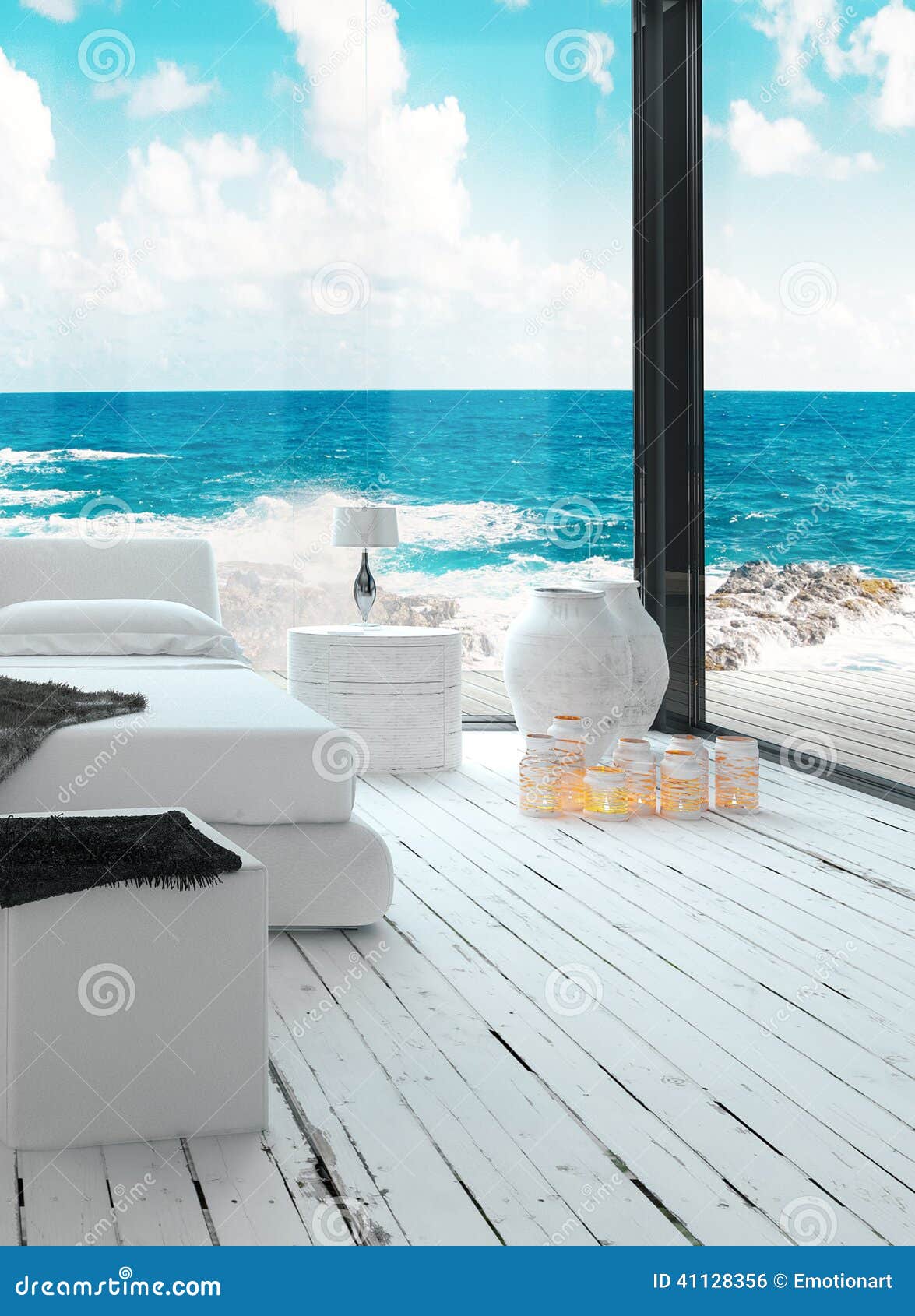 Maritime Style Bedroom Interior with Seascape View Stock Illustration ...