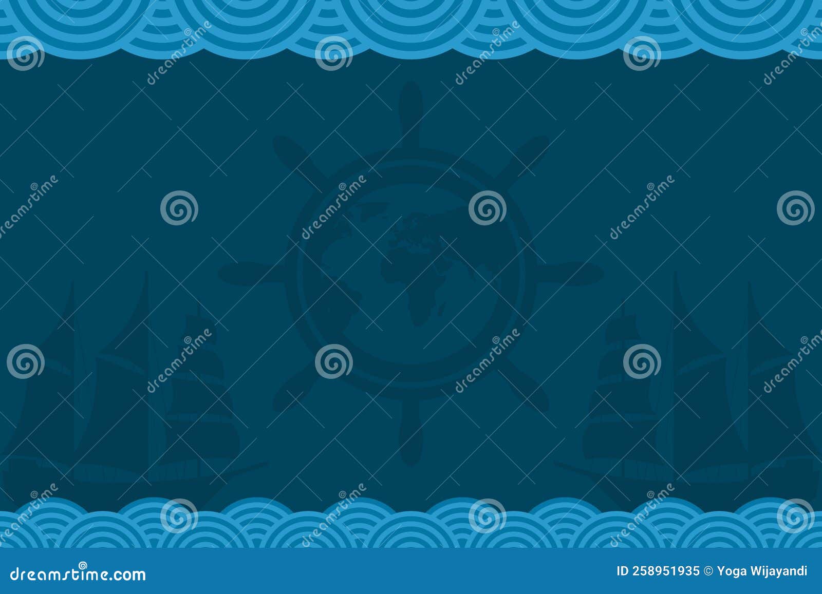 Maritime Theme Background Illustration with Ship and Rudder Silhouette ...