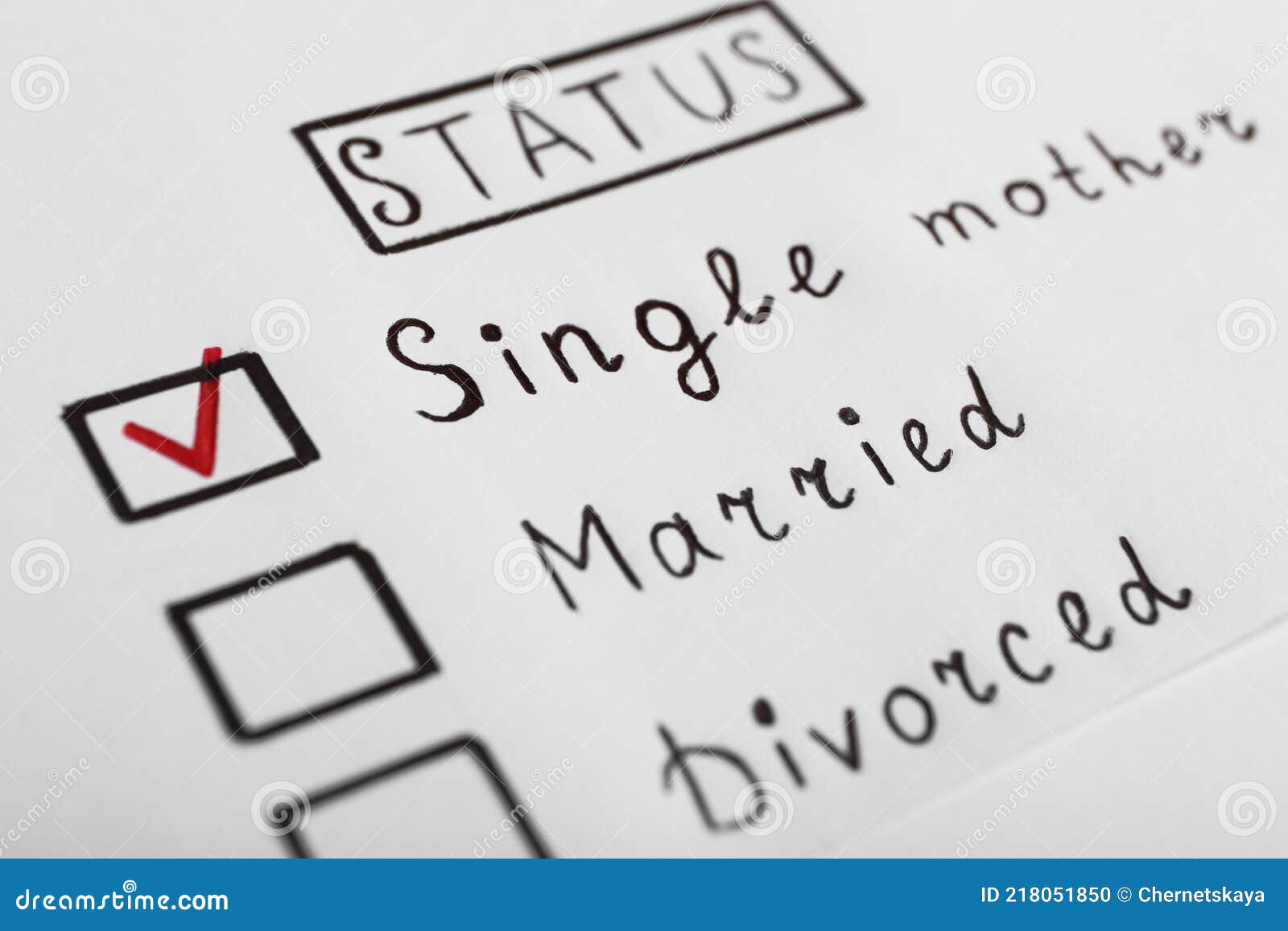 Marked Single Mother Box Confirming Marital Status on Form, Closeup ...