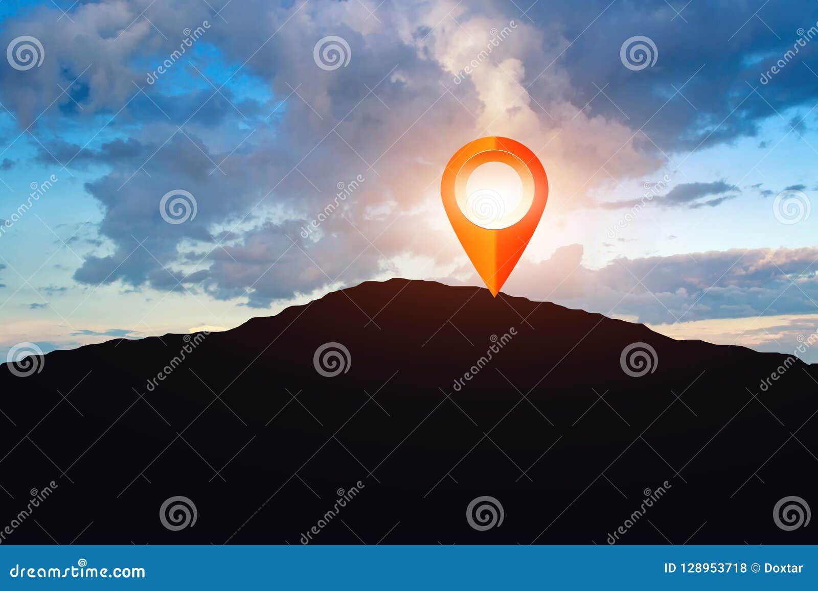 Marker Navigation Point on Top of the Mountain, Sunset Sky with Stock ...