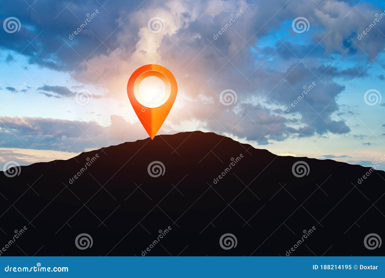 Marker Navigation Point on Top of the Mountain, Sunset Sky with Sun ...