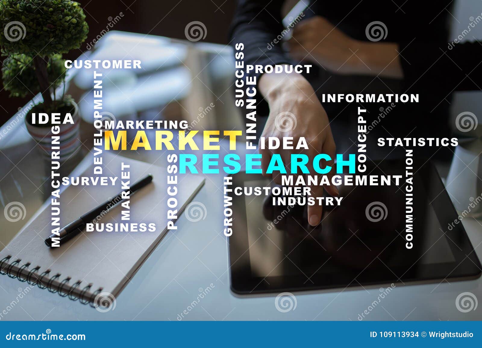 Market Research Words Cloud on the Virtual Screen. Stock Photo - Image ...