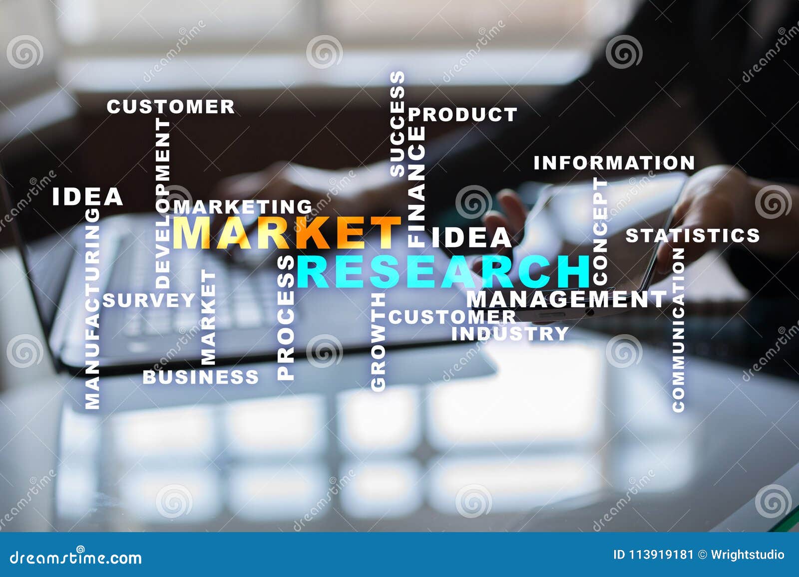 Market Research Words Cloud on the Virtual Screen. Stock Image - Image ...