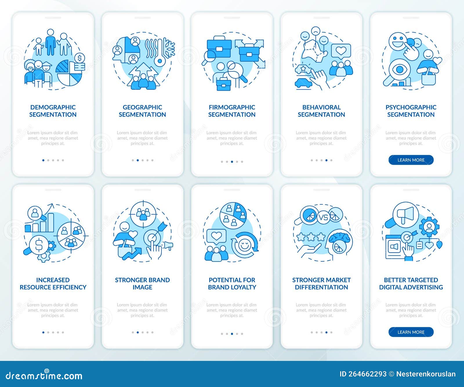 Market Segmentation Blue Onboarding Mobile App Screen Set Stock Vector Illustration Of