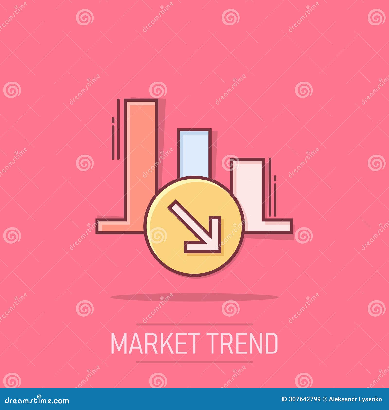 Market Trend Icon in Comic Style. Decline Arrow with Magnifier Cartoon ...