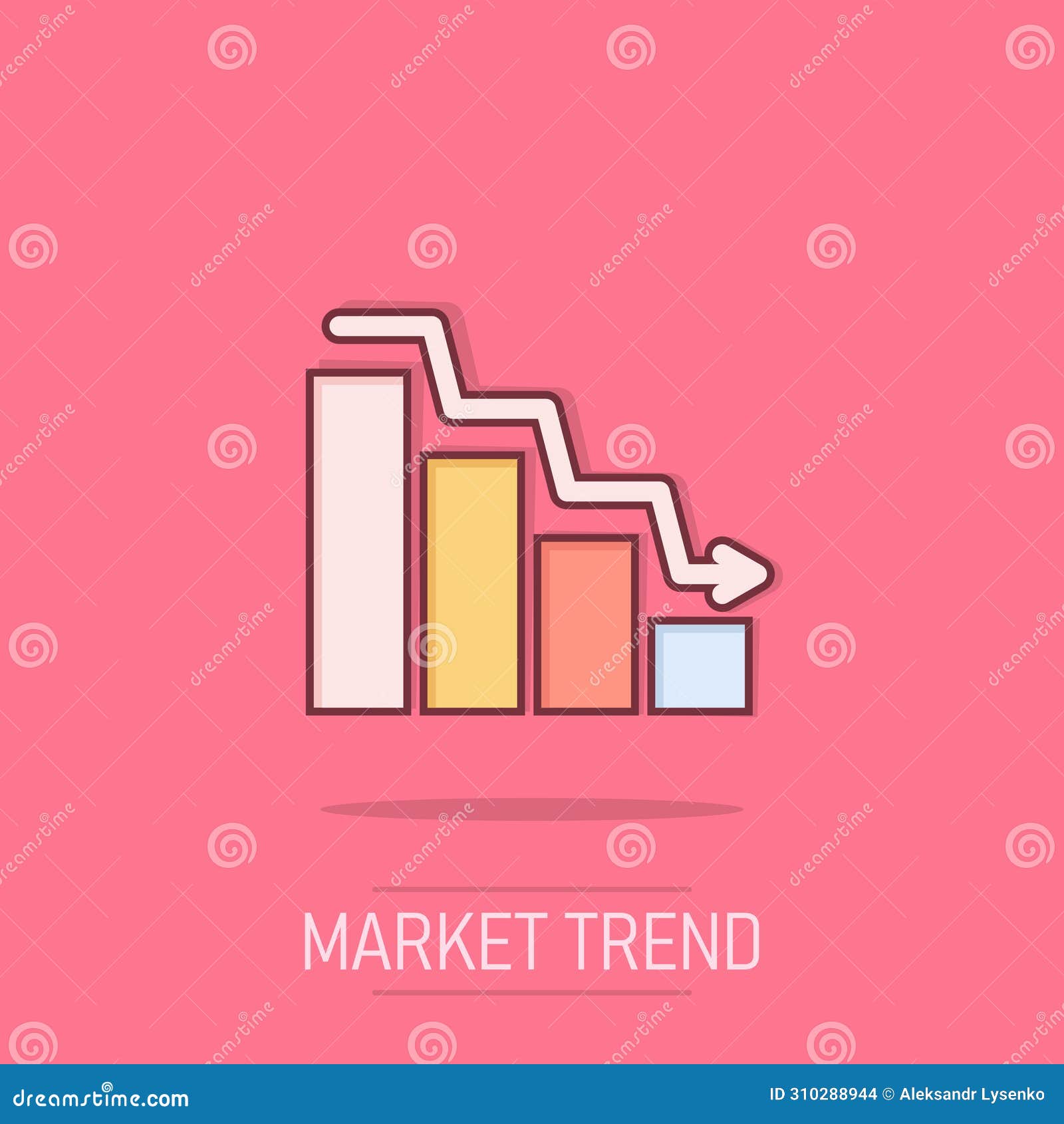 Market Trend Icon in Comic Style. Decline Arrow with Magnifier Cartoon ...