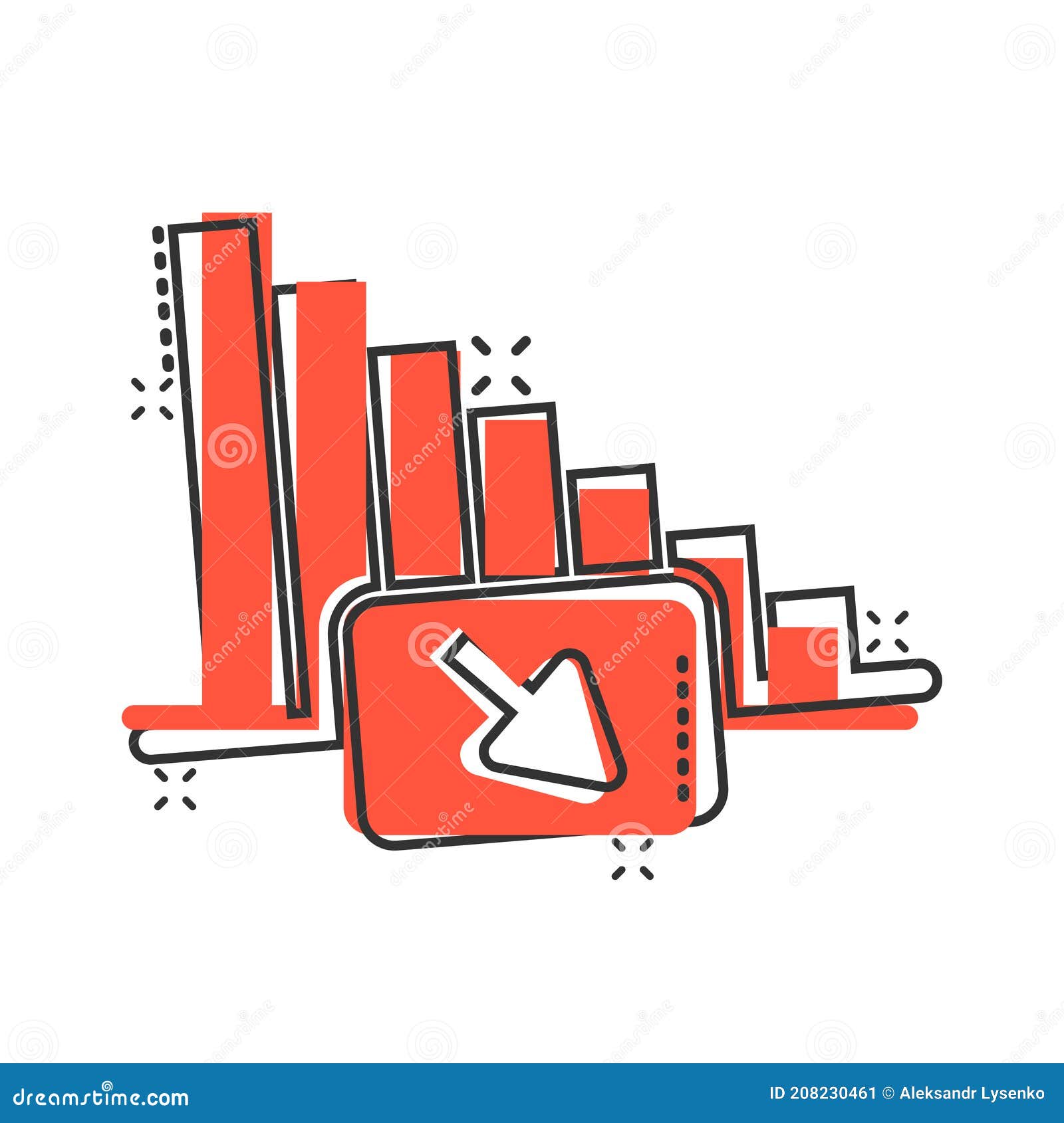 Market Trend Icon in Comic Style. Decline Arrow with Magnifier Cartoon Vector Illustration on ...