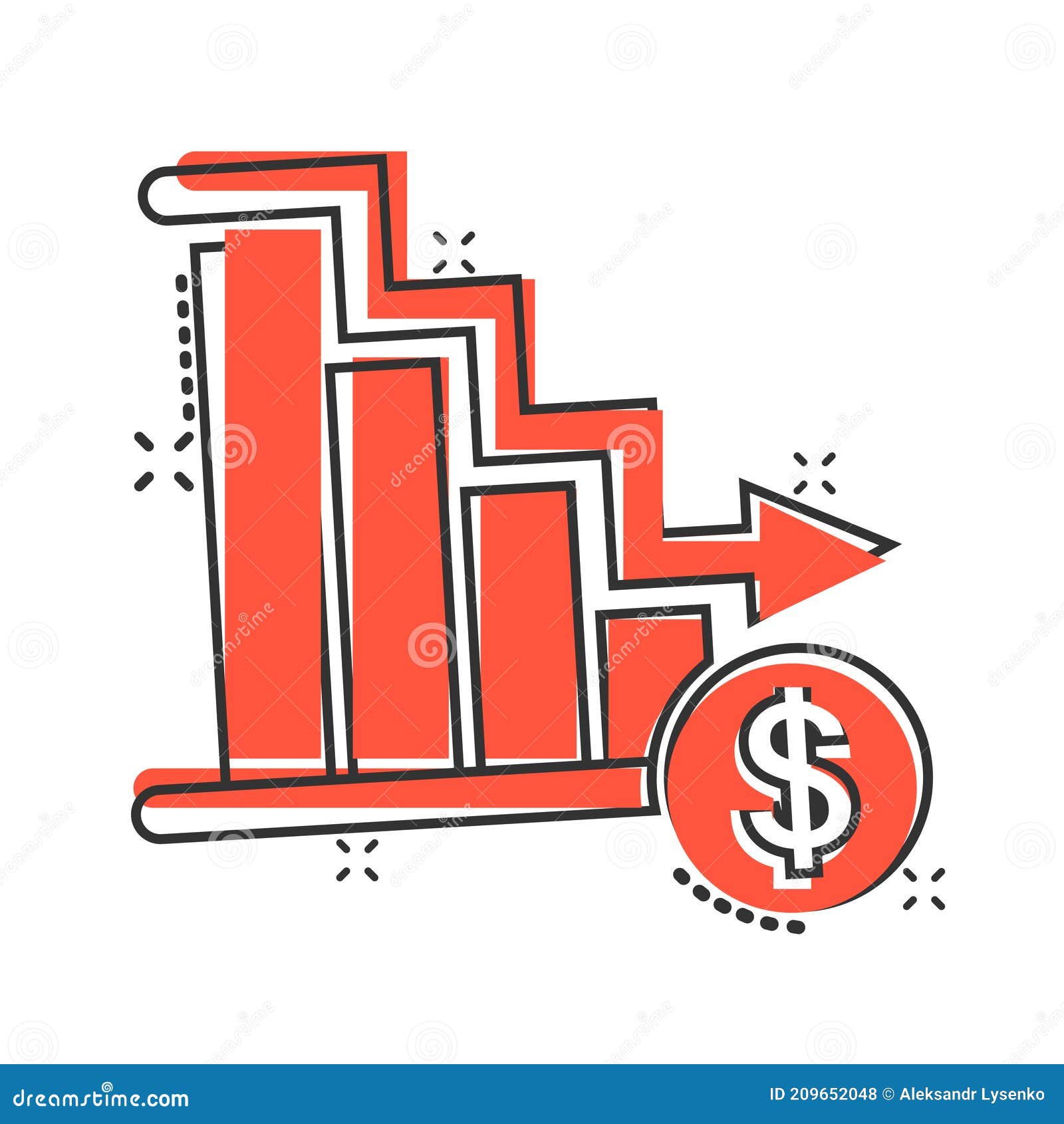 Market Trend Icon in Comic Style. Decline Arrow with Magnifier Cartoon Vector Illustration on ...