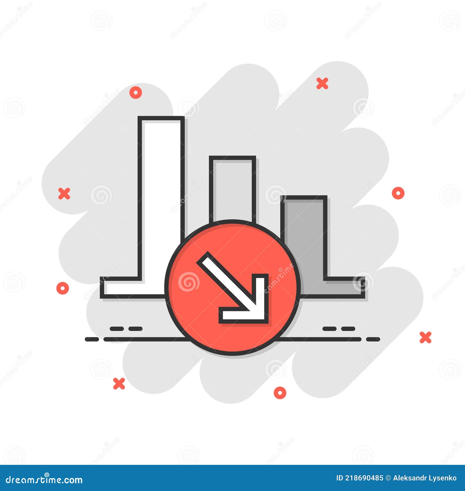 Market Trend Icon in Comic Style. Decline Arrow with Magnifier Cartoon Vector Illustration on ...