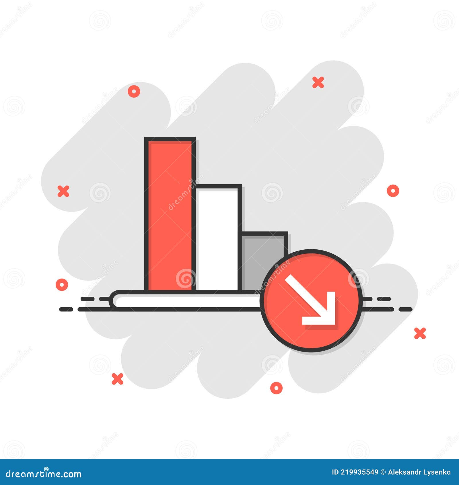 Market Trend Icon in Comic Style. Decline Arrow with Magnifier Cartoon Vector Illustration on ...