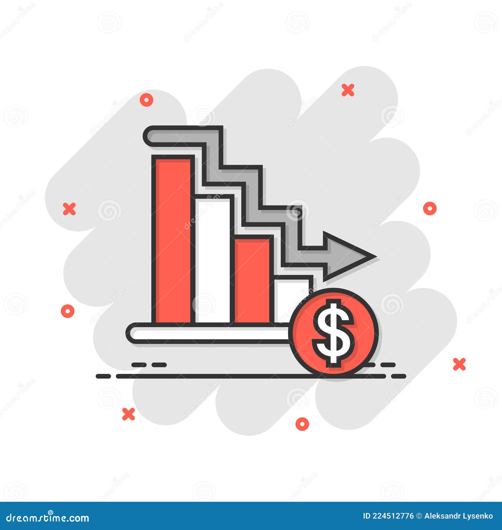 Market Trend Icon in Comic Style. Decline Arrow with Magnifier Cartoon Vector Illustration on ...